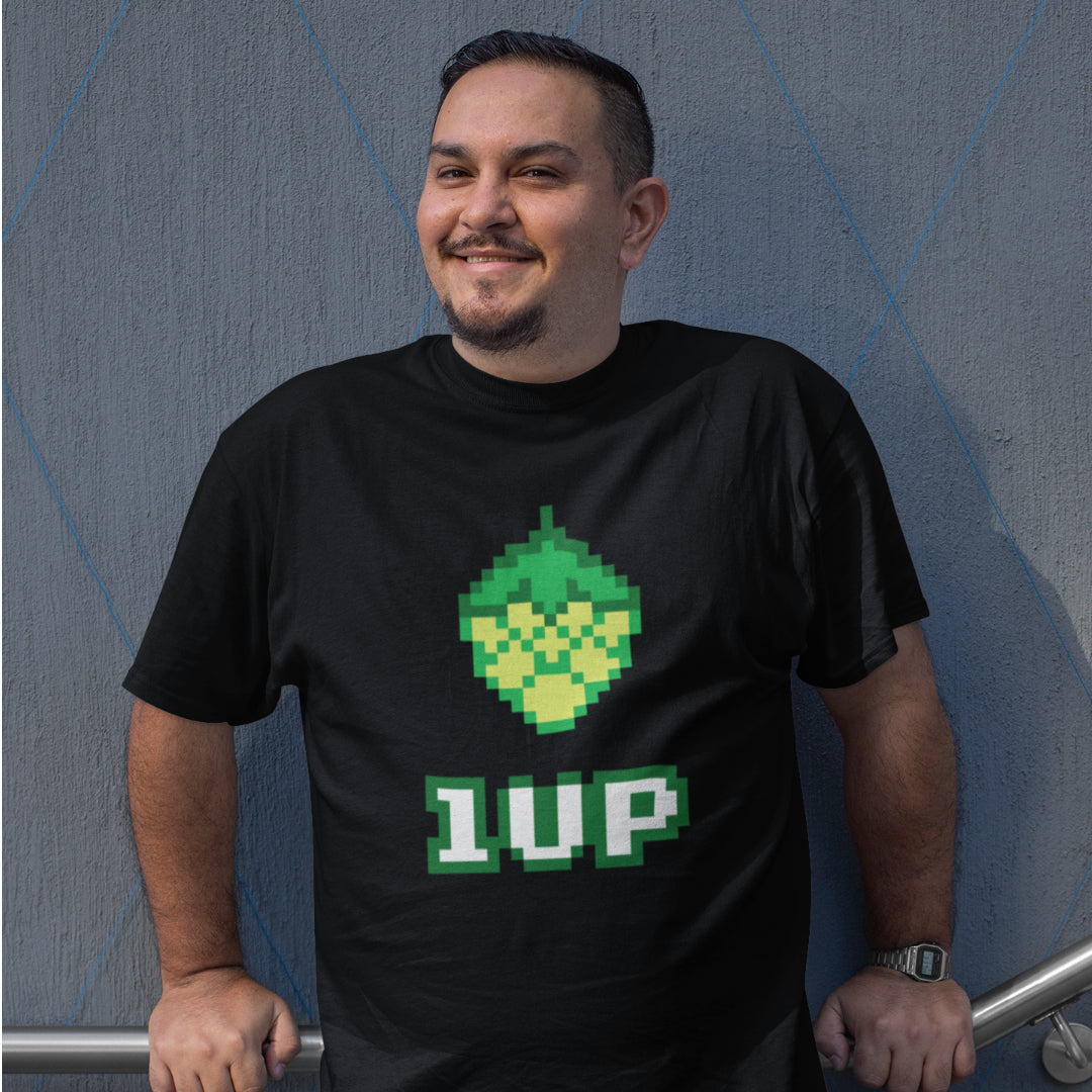 1UP Hop Cone T-Shirt – Retro Gaming Meets Craft Beer Style – BrewSwag